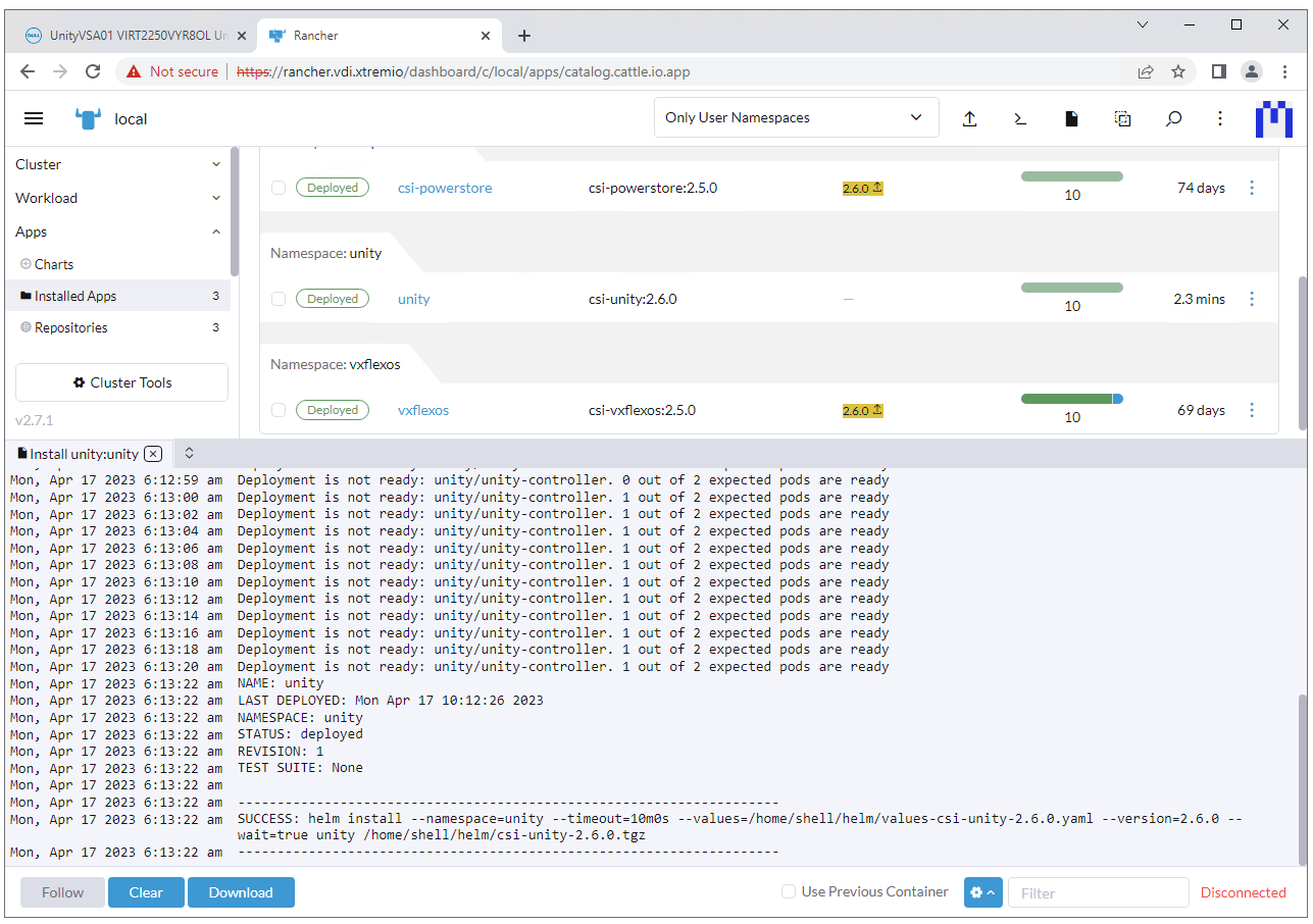 Installing the Dell CSI driver for Unity into Rancher RKE2 ...
